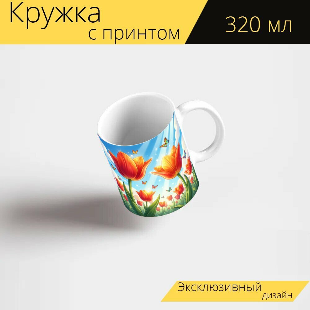 Кружка с рисунком, принтом "Яркие тюльпаны и бабочки. Сказочный весенний сад с крупными алыми и оранжевыми бутонами, парящими разноцветными мотыльками, голубым небом, лучами." 320 мл.