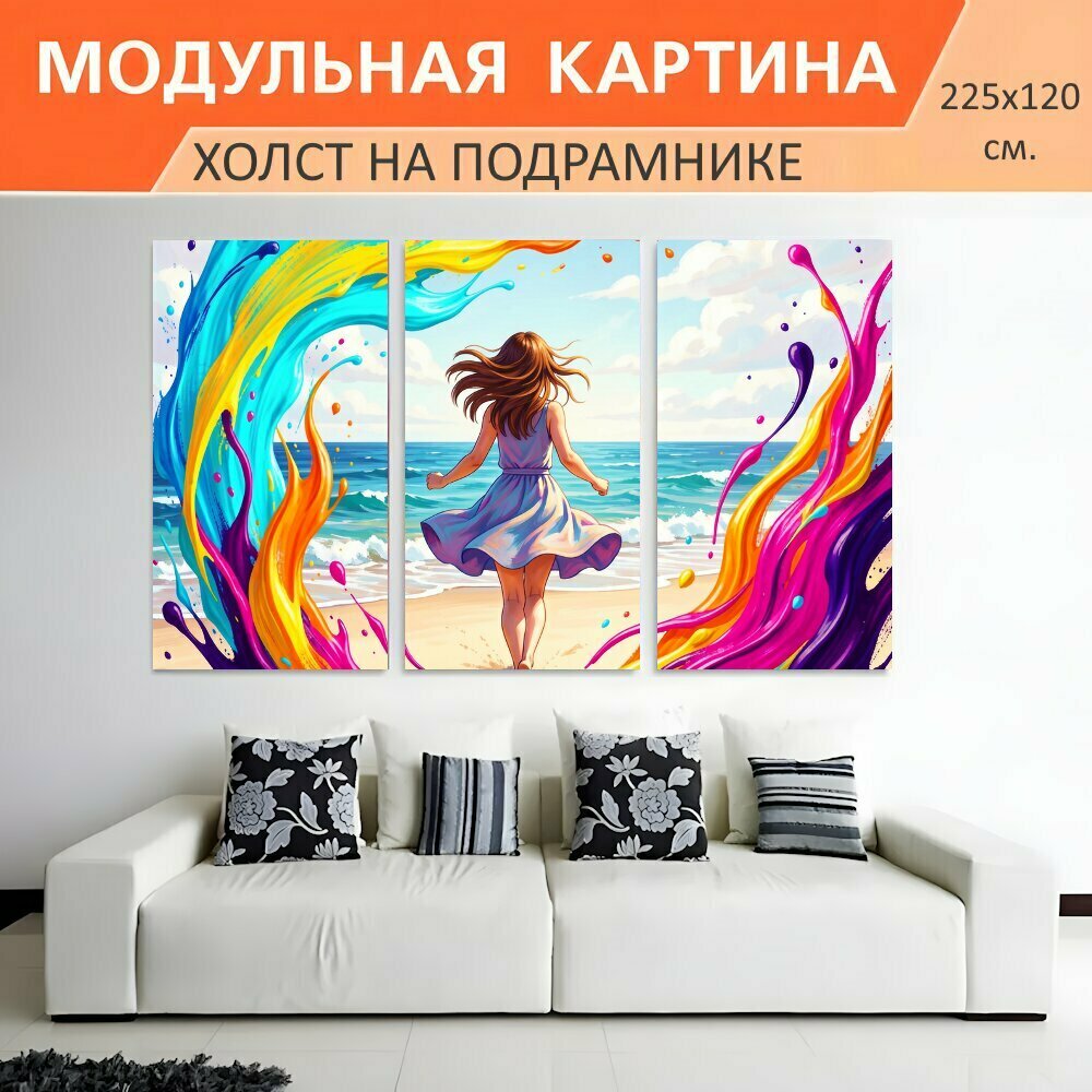 Модульная картина на холсте "Девушка на берегу моря. Яркая летняя сцена: девушка бежит к морю по песчаному пляжу, вокруг динамичные." триптих на подрамнике 225х120 см. для интерьера
