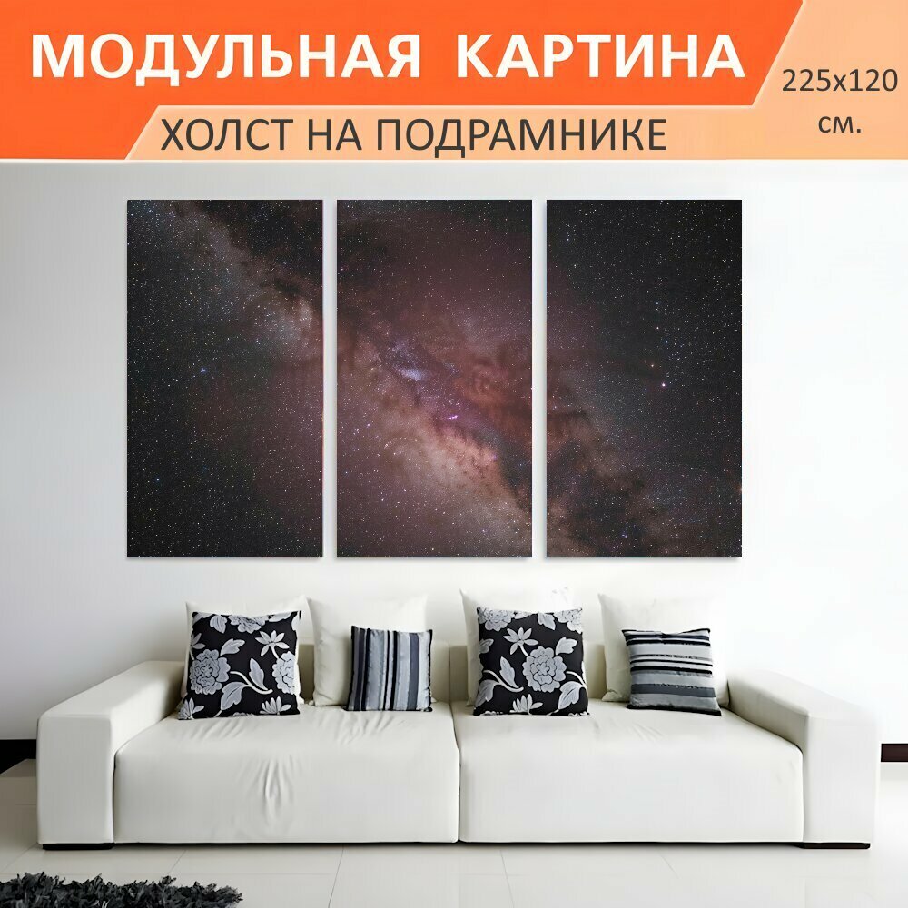 Модульная картина на холсте "Звёздное небо Млечного Пути. Космический вид с ярким звёздным полотном, светящимися туманными облаками и." триптих на подрамнике 225х120 см. для интерьера