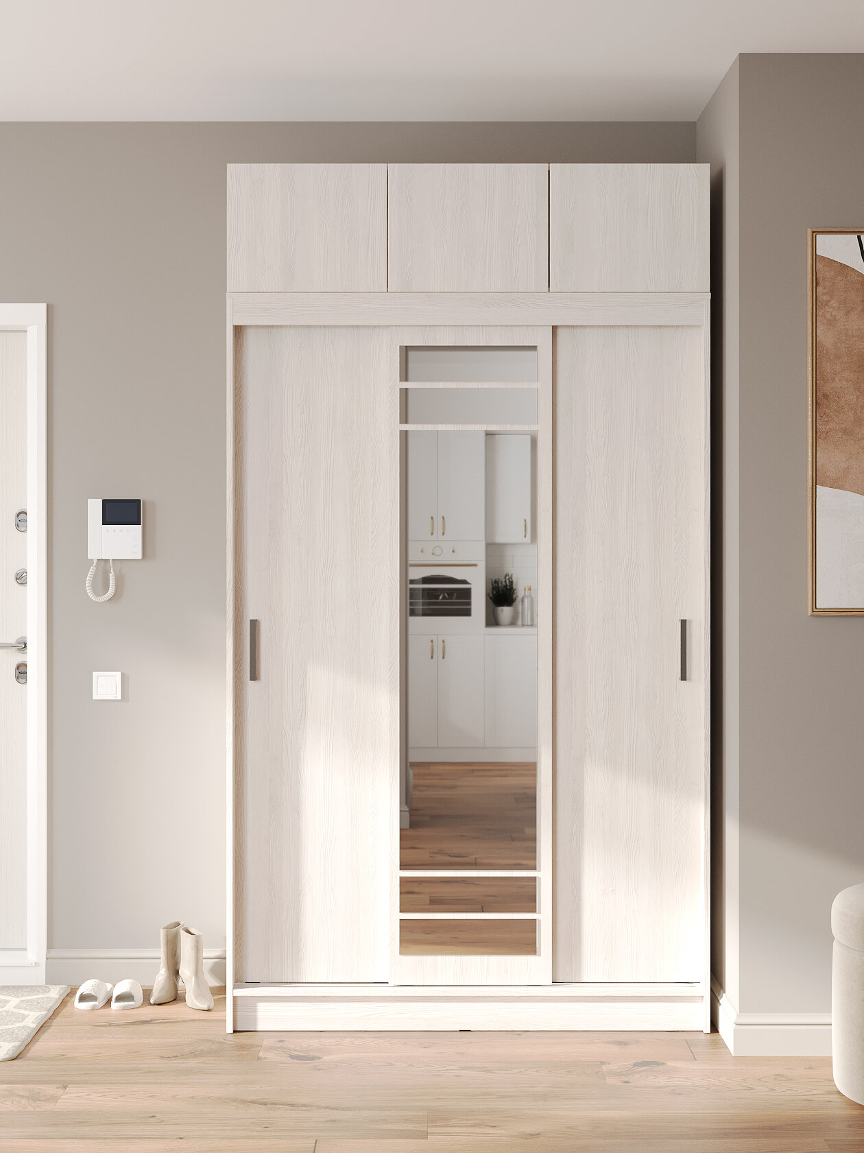 Шкаф-купе для одежды и хранения вещей Браво 2 с зеркалом, с полками, с антресолью, 131х50х235 см, Ясень белый / Зеркало