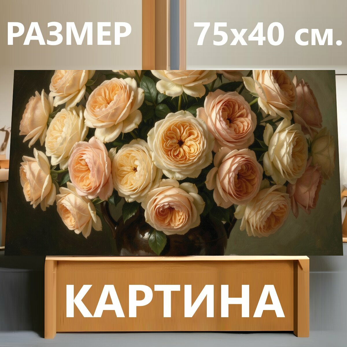 Картина на холсте "Пышные кремовые розы в вазе. Нежная флористическая композиция в пастельных тонах: крупные садовые бутоны кремового." на подрамнике 75х40 см. для интерьера