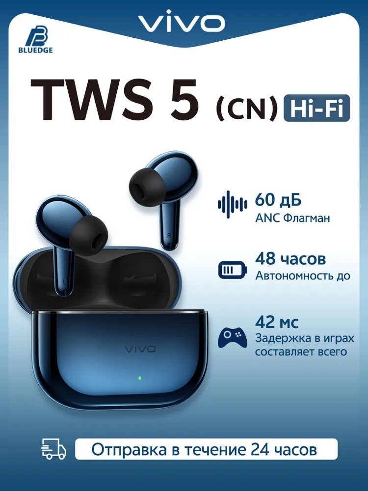 Наушники беспроводные с микрофоном Беспроводные наушники TWS 5 Hi-Fi, TWS Bluetooth наушники с шумоподавлением ANC, с микрофоном, USB-C, спортивные, совместимы с Android и iPhone, тёмно-синий, Bluetooth, USB Type-C, темно-синий