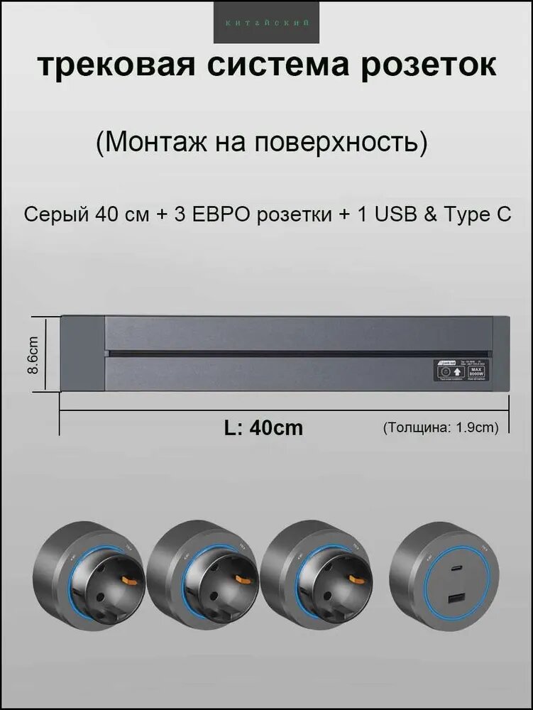 Направляющие, накладная металлическая рейка 40 см 3 евророзетки 1 USB и Type C, серые