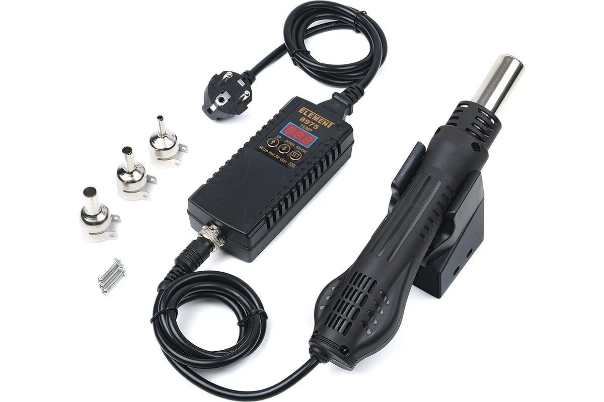 Паяльный фен ELEMENT 8975 600W 220V компактный инструмент с держателем и комплектом из 3 насадок