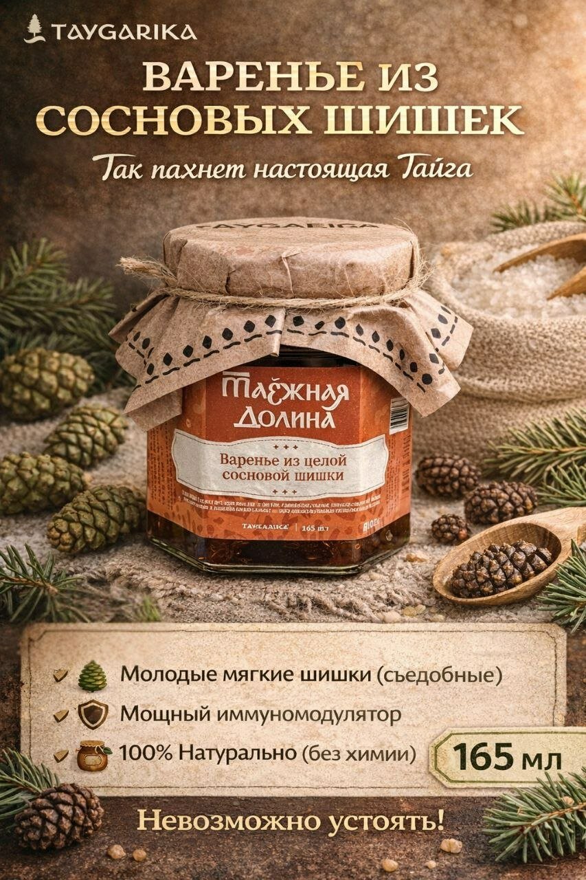 Варенье "Тайгарика" из целых сосновых шишек , в стеклянной банке 165 мл.