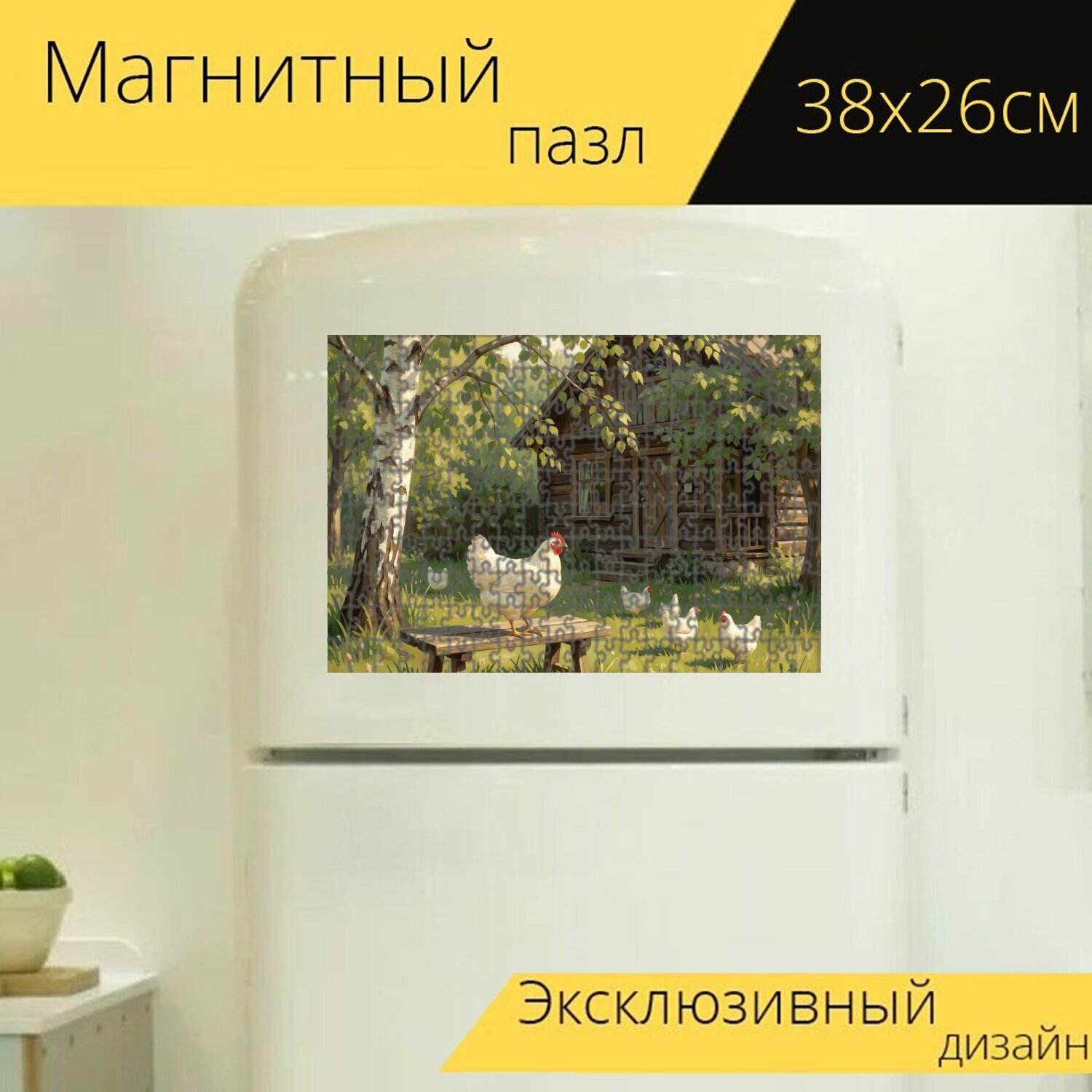 Магнитный пазл "Куры во дворе у деревянного дома. Солнечная сельская сцена с белыми птицами на траве, берёзами и уютной избой. Живописная летняя иллюстрация." для интерьера, 38х26 см.