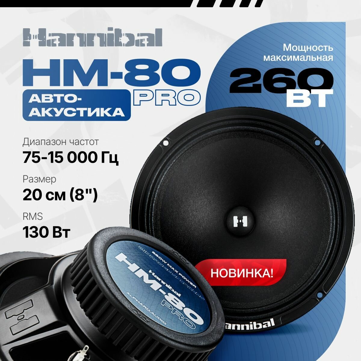 Среднечастотная автомобильная акустика Alphard Hannibal HM-80 PRO / Динамики автомобильные 20 см