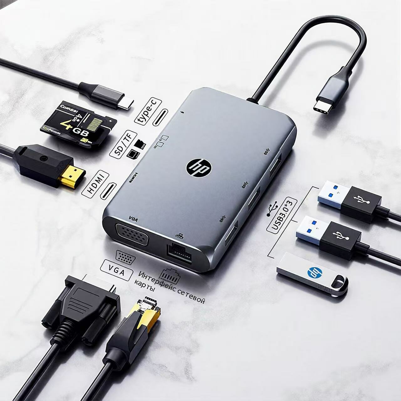 Хаб HP Type‑C, переходник HDMI, разветвитель USB 3.0, для ноутбуков