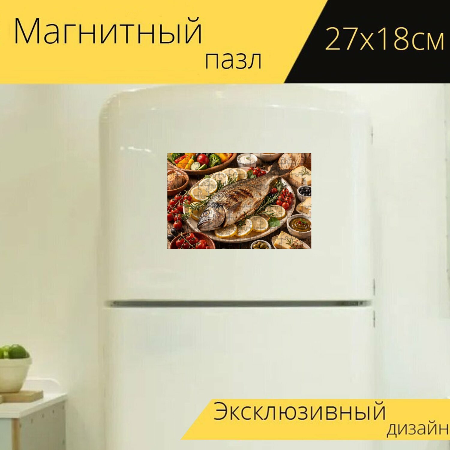 Магнитный пазл "Запеченная рыба с лимоном. Аппетитная средиземноморская сервировка: жареный морской окунь, цитрусовые дольки, томаты черри, розмарин." на холодильник 27 x 18 см.