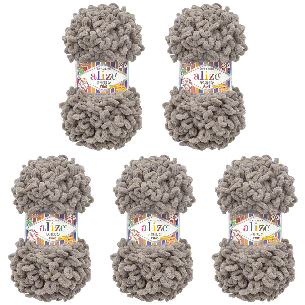 Пряжа для вязания руками с готовыми петлями ALIZE 'Puffy Fine' 100г, 14,5м (990 пепельный беж), 5 мотков