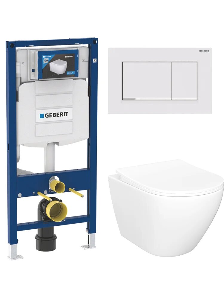 Комплект 4 в 1: Инсталляция Geberit Duofix UP 320 111.300.00.5 (111.950.00.6) / Унитаз подвесной STWORKI Кронборг S28401WH безободковый, с микролифтом / Комплект креплений, Кнопка Geberit Sigma 30 115.883. JT.1, матовая белая, глянцевый хром