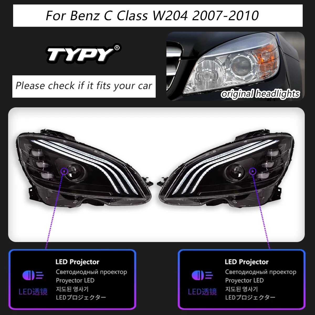 Фара для автомобиля TYPY Mercedes-Benz C-Class W204 2007-2010 года выпуска, обновлённая, модифицированная, новая с дневными ходовыми огнями (DRL), динамическими поворотниками, светодиодная фара, автомобильные аксессуары