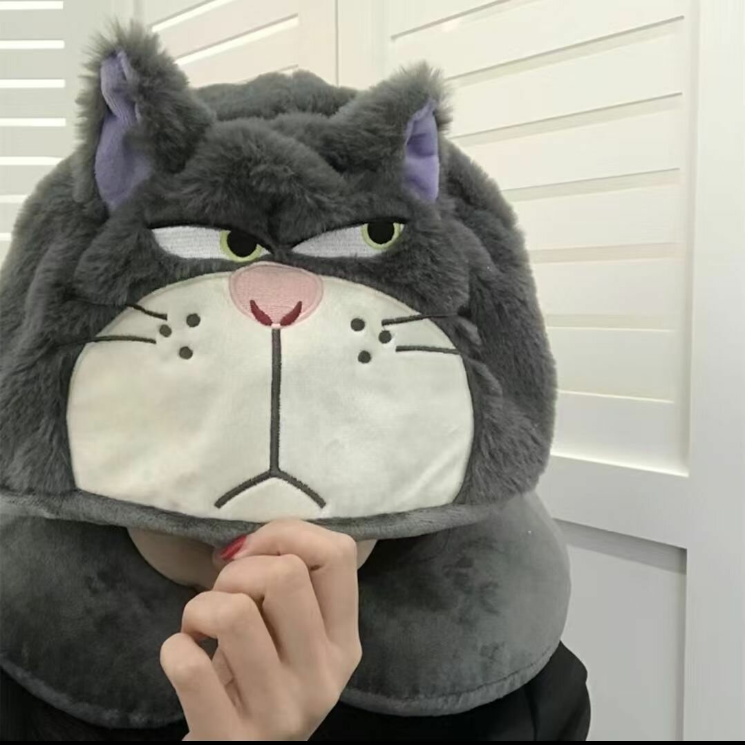 Дорожная подушка с капюшоном и мультяшным принтом, Neck Pillow, For adult, Серый кот