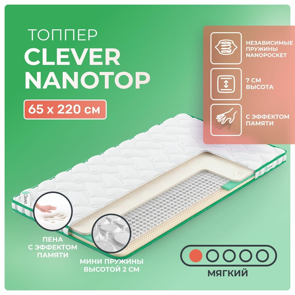 Пружинный топпер-наматрасник 65х220 Clever NanoTop, на микропружинах NanoPocket, с латексом и эффектом памяти, детский, для матрасов и диванов 220х65