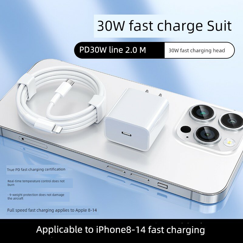 Адаптер быстрой зарядки 30W + 2М кабель из плетеной ткани USB-C, универсальный для iPhone 8-14