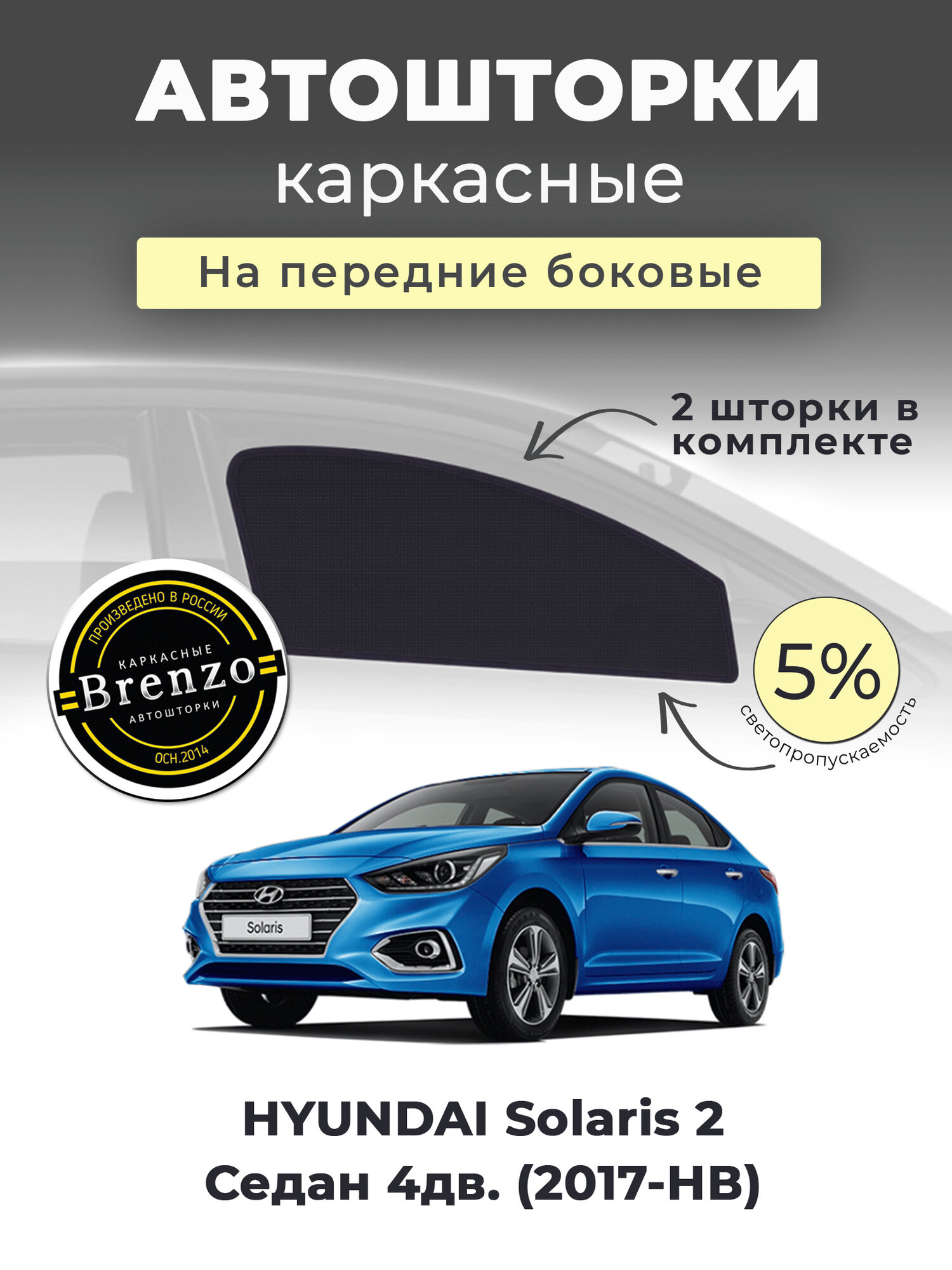 Каркасные шторки HYUNDAI Solaris 2 Седан 4дв. (2017-НВ) на передние двери 5%, сетки от солнца в машину
