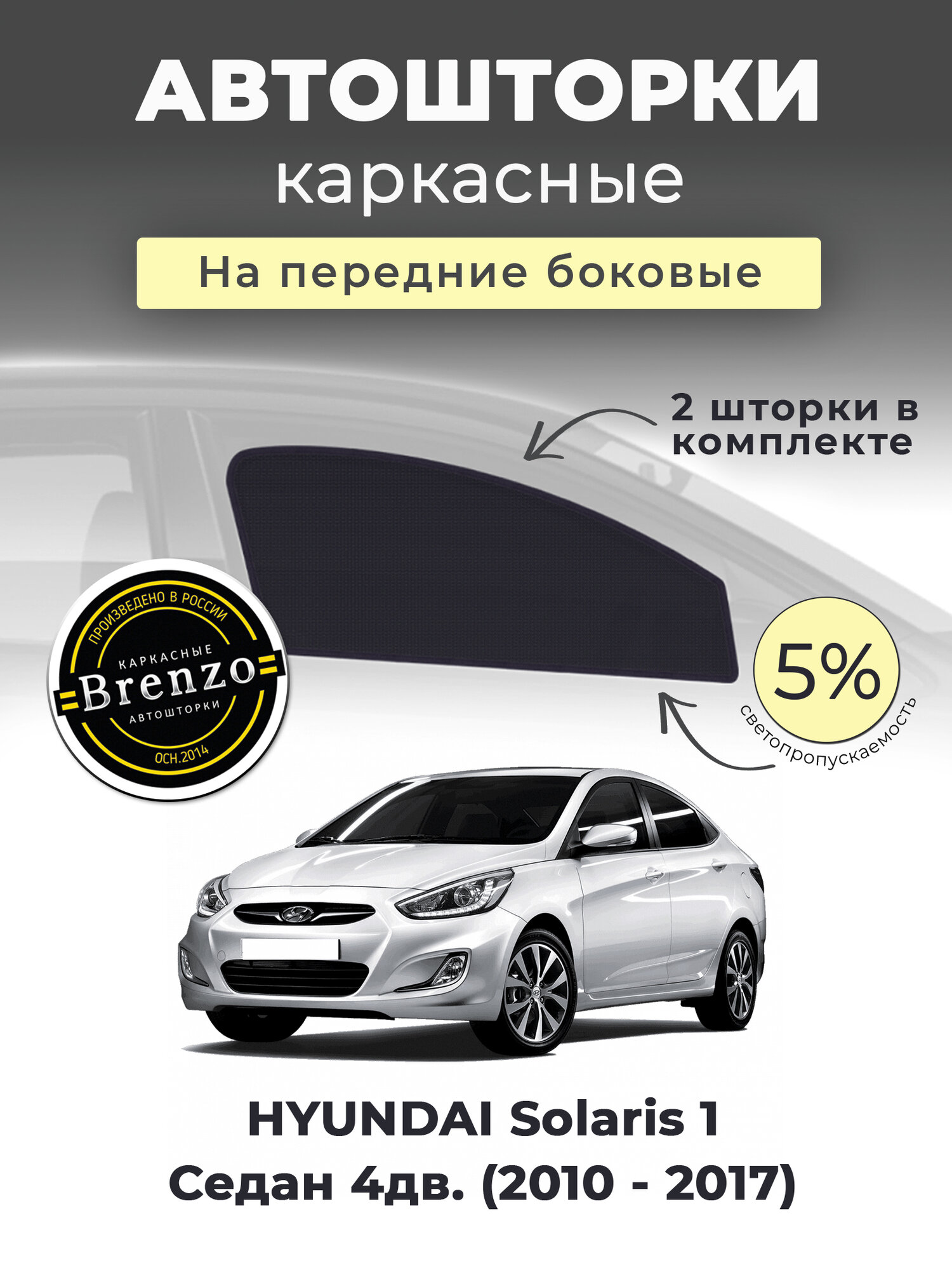Каркасные шторки HYUNDAI Solaris 1 Седан 4дв. (2010 - 2017) на передние двери 5%, сетки от солнца в машину