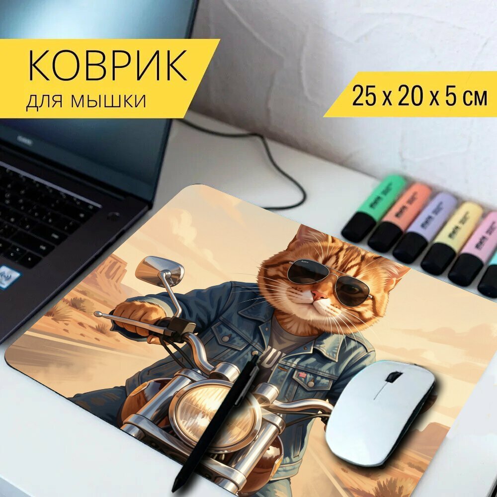 Коврик для мыши с принтом "Кот на мотоцикле в очках. Реалистичный аниме-арт: полосатый кот в джинсовой куртке и темных очках едет по пустынной трассе, теплые песочные." 25x20см.