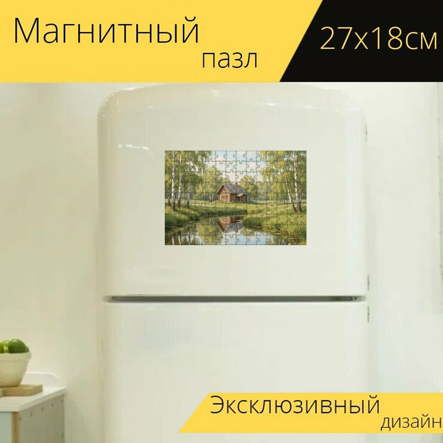 Магнитный пазл "Лесной дом у тихой речки. Уютное деревянное жилище среди берёзовой рощи, зеркальная вода с отражением, зелёные луга и цветы. Живописная." на холодильник 27 x 18 см.