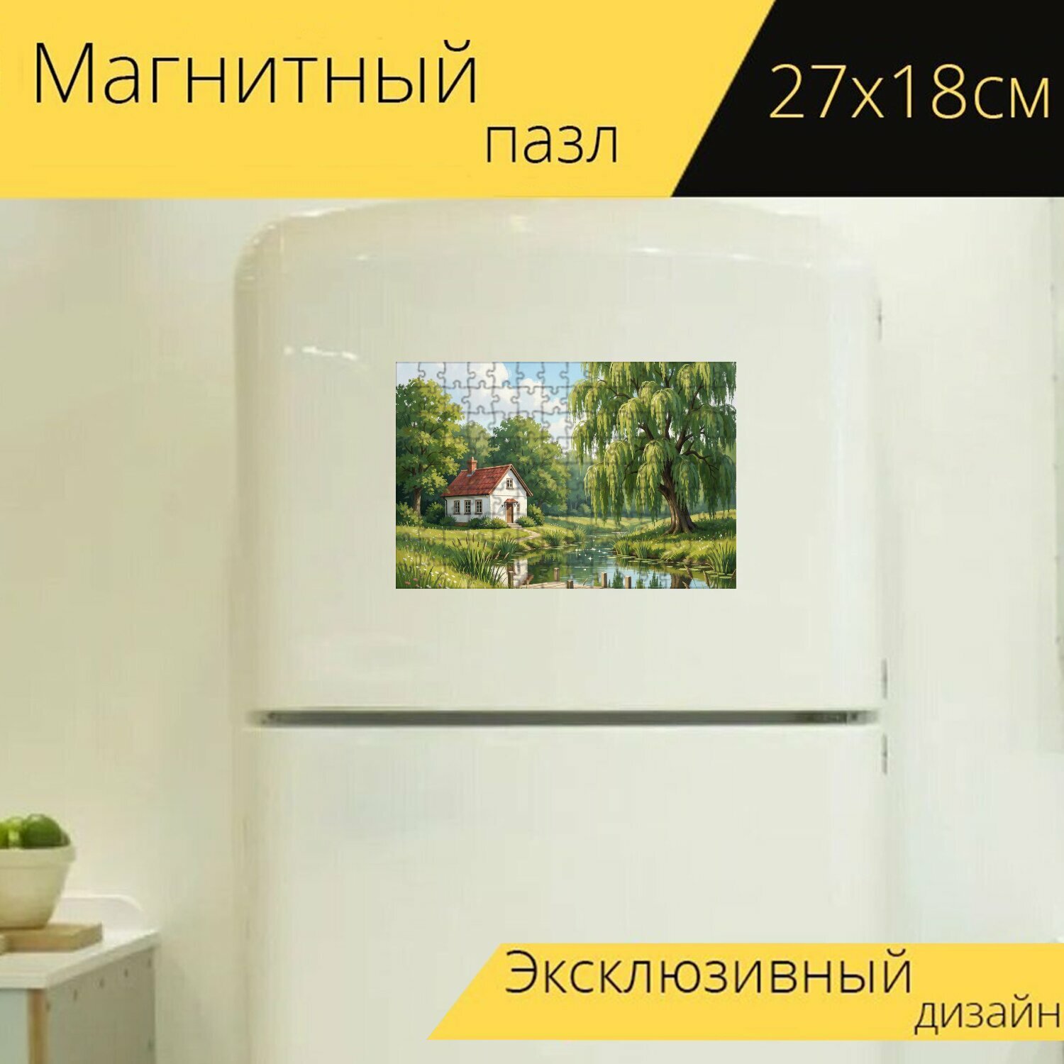 Магнитный пазл "Уютный дом у лесного пруда. Живописная сельская сцена с белым домиком, зеркальной водой, деревянным мостиком и цветущим лугом. Нежные." на холодильник 27 x 18 см.