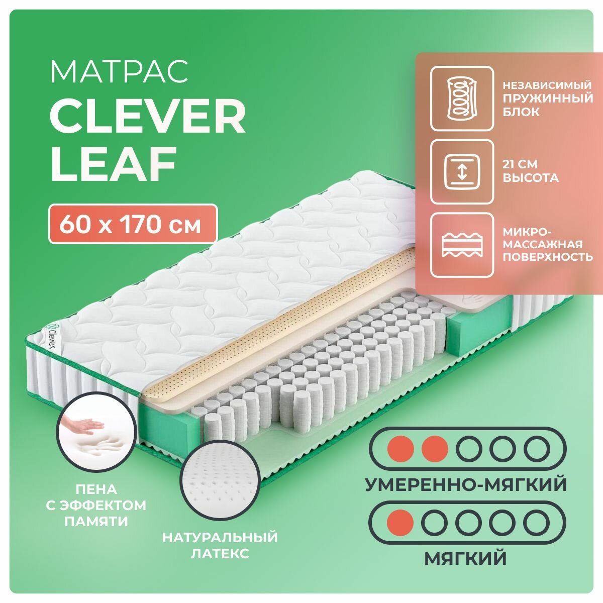 Матрас 60х170 Clever Leaf, независимые пружины, двусторонний с разной жесткостью, полумягкий, пенополиуретан memory foam латекс, детский 170х60