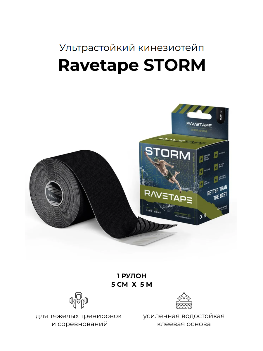 Ультрастойкий кинезиотейп для спорта и тренировок RaveTape STORM, 1 рулон, 5 см х 5 м, черный