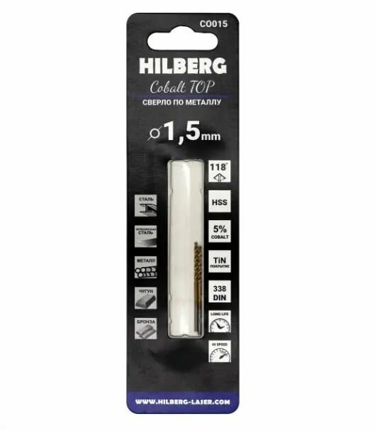 Сверло спиральное по металлу Hilberg Cobalt 5% TOP 2шт. 1.5*40(18) мм, с цилиндрическим хвостовиком