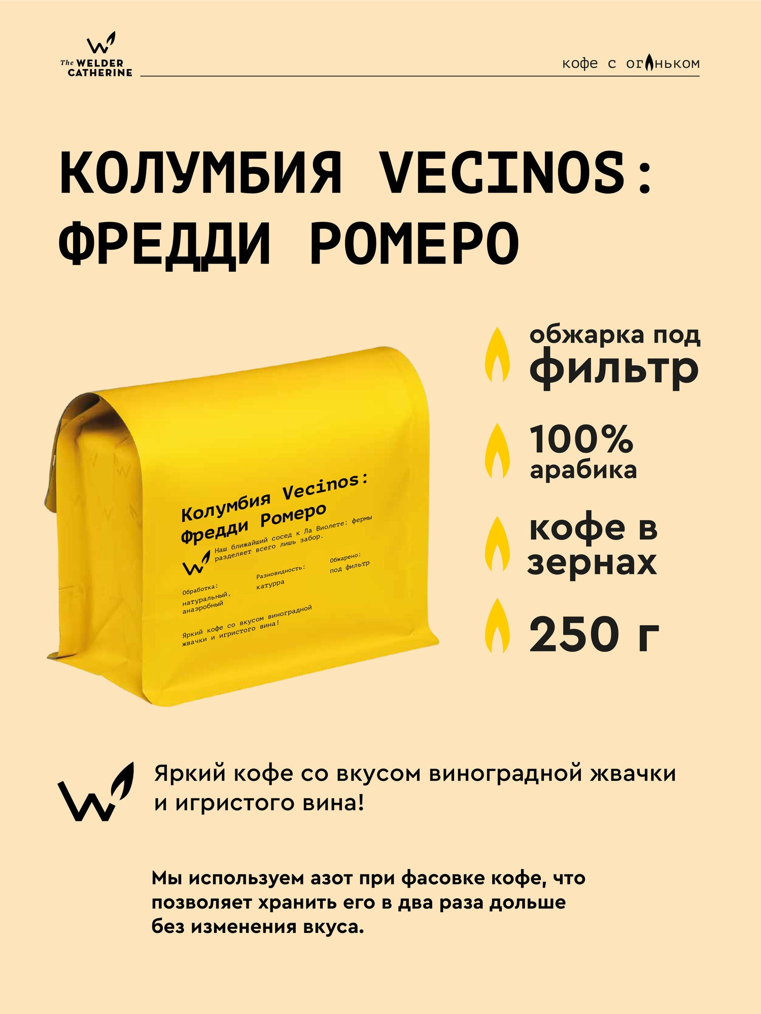 Кофе в зернах Сварщица Екатерина "Колумбия Vecinos: Фредди Ромеро" под фильтр - 250 гр