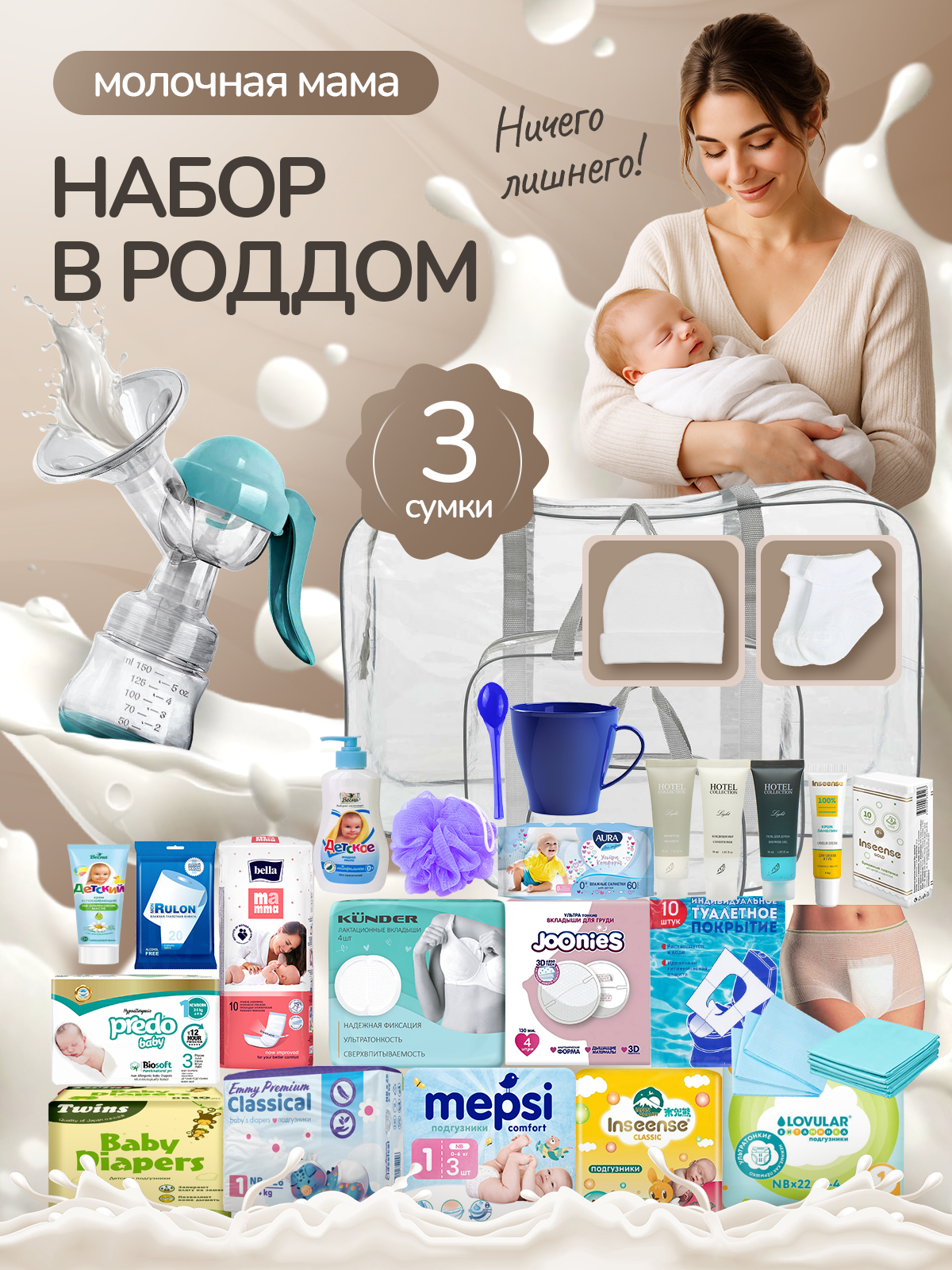 Готовая сумка в роддом для малыша и мамы с молокоотсосом, серая