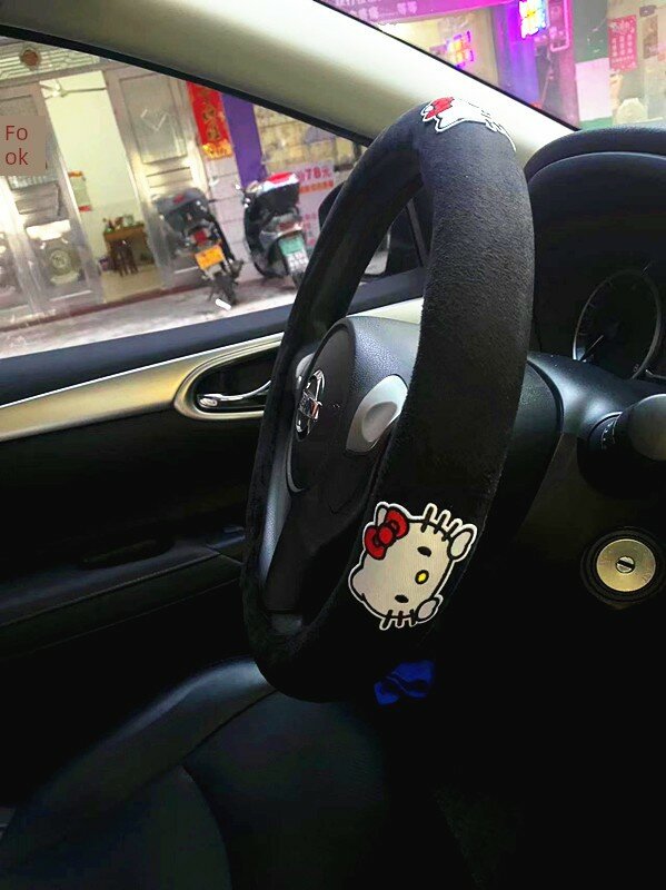 Зимний плюшевый чехол для руля автомобиля Hello Kitty — черный, универсальный подходит для всех авто, мягкий