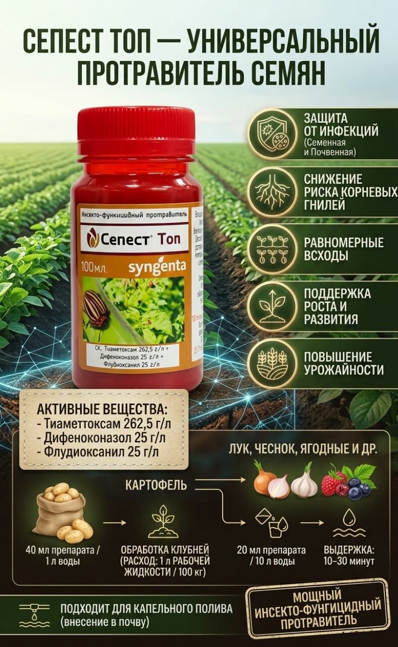 Селест Топ, инсекто-фунгицидный протравитель, большая концентрация тиаметоксама (Актара) обеспечивает очень длительную защиту от всех вредителей. 20 мл