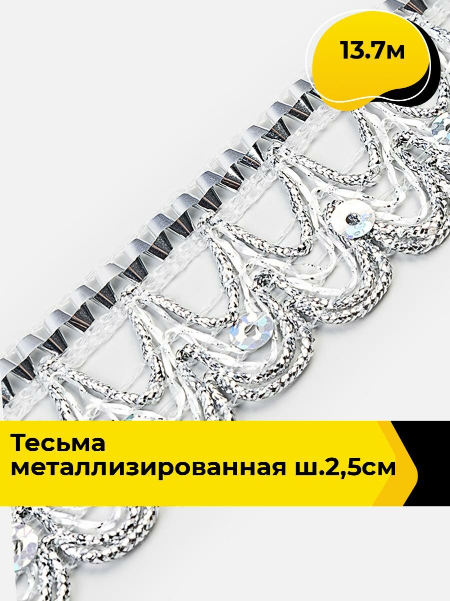 Тесьма металлизированная для рукоделия и шитья декоративная 2.5 см, 13.7 м