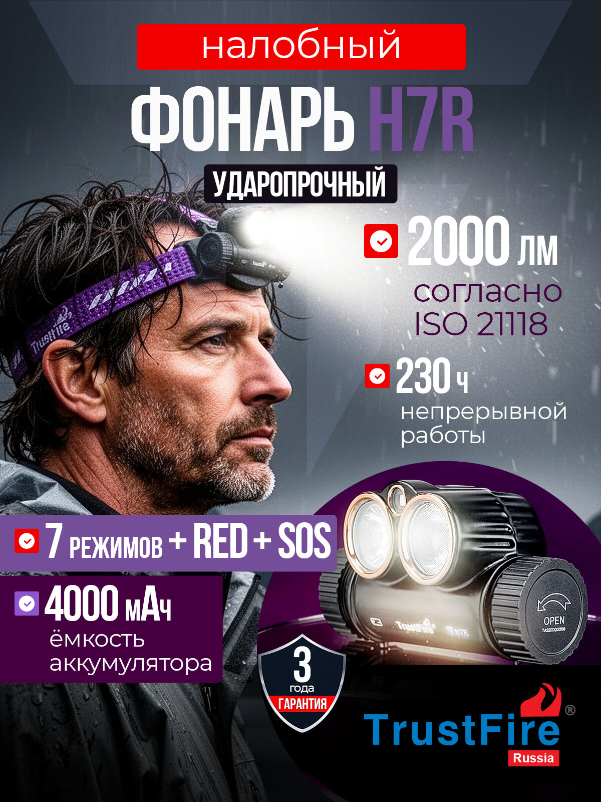 Налобный фонарь TrustFire H7R, профессиональный, 2000 лм, IPX6