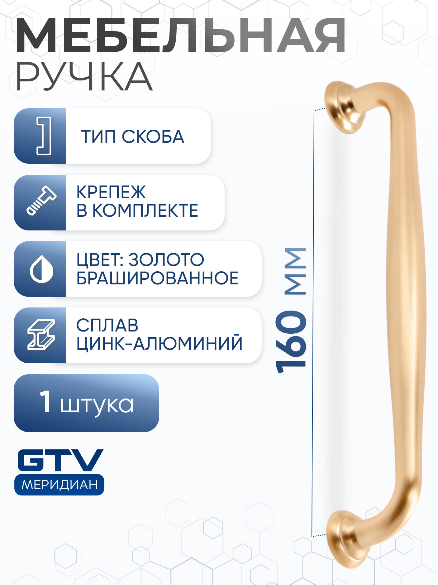 Ручка мебельная скоба алюминиевая 160 мм STILO брашированное золото