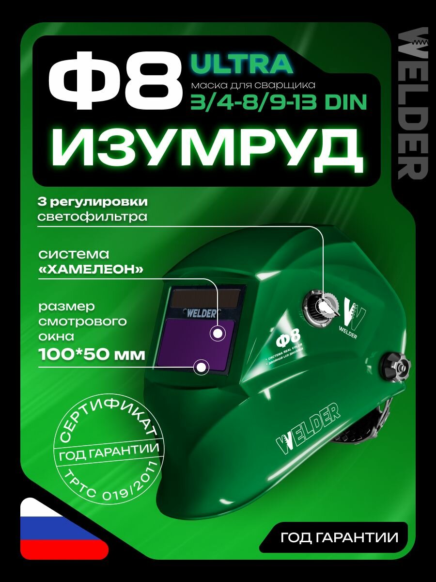 Маска сварочная ULTRA Ф8 Хамелеон 100x50 мм, DIN 3/4-8/9-13, (Внешняя регулировка), изумруд