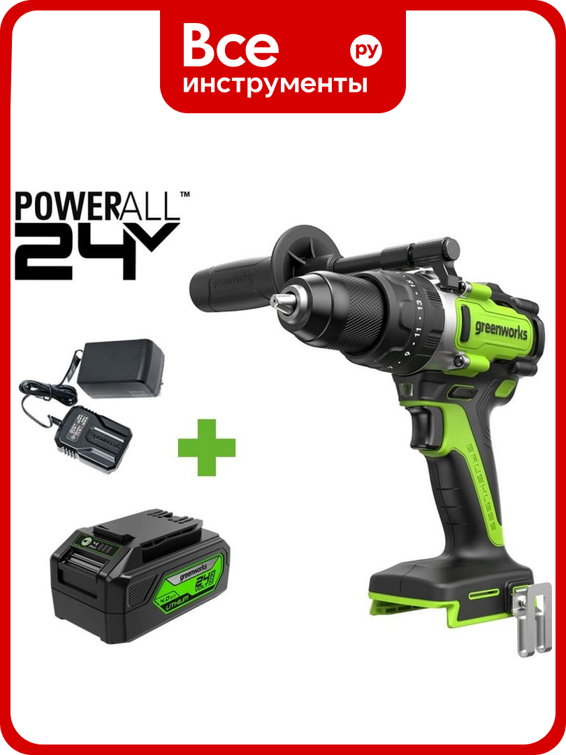 Дрель-шуруповерт ударная GreenWorks GD24DD140, 24V, б/щет, 0-550/0-2100об/мин, 70/140Нм, Anti-kickback, 1x4Ач, ЗУ, коробка 3707607VUB