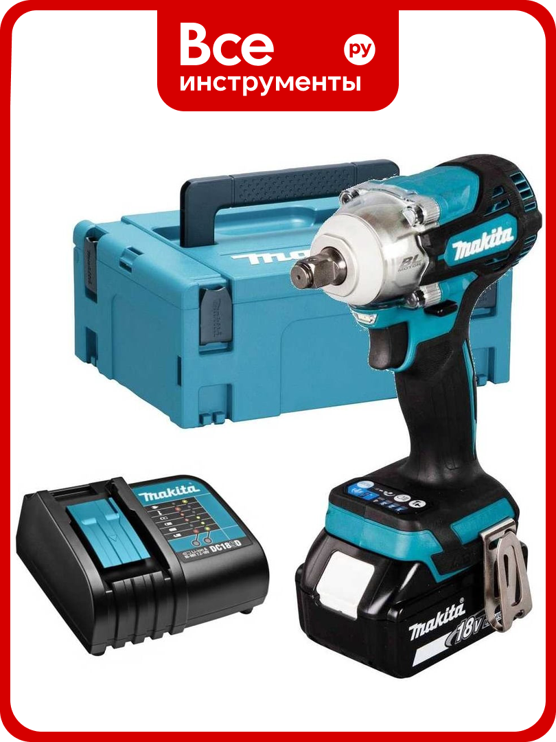Гайковерт ударный аккумуляторный Makita LXT BL 18В XPT, квадрат 1/2", 330Нм, 4 скорости, подсветка, тормоз двигателя, регулировка оборотов, АКБ 1x3.0Ач, з/у, Makpac. DTW300SF1J