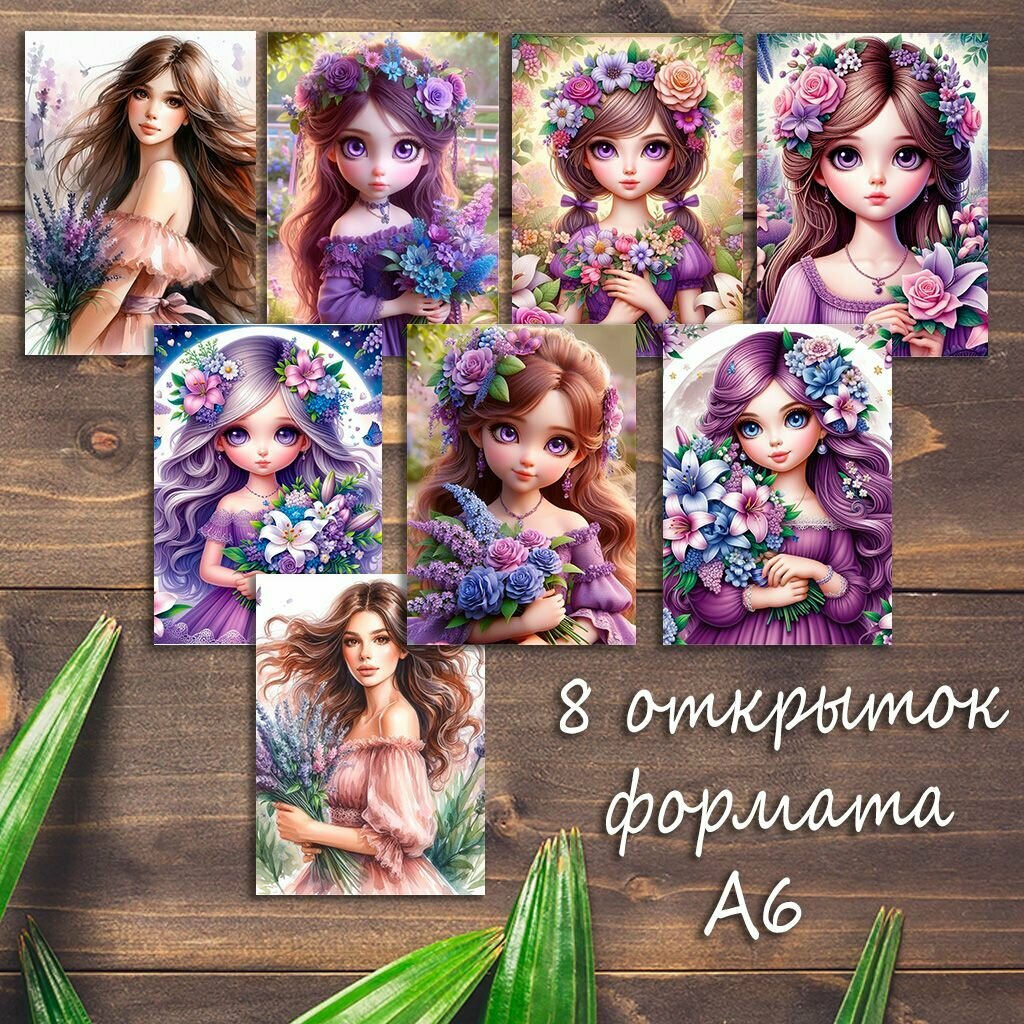 Большой набор открыток Девушки с сиренью, 8 штук