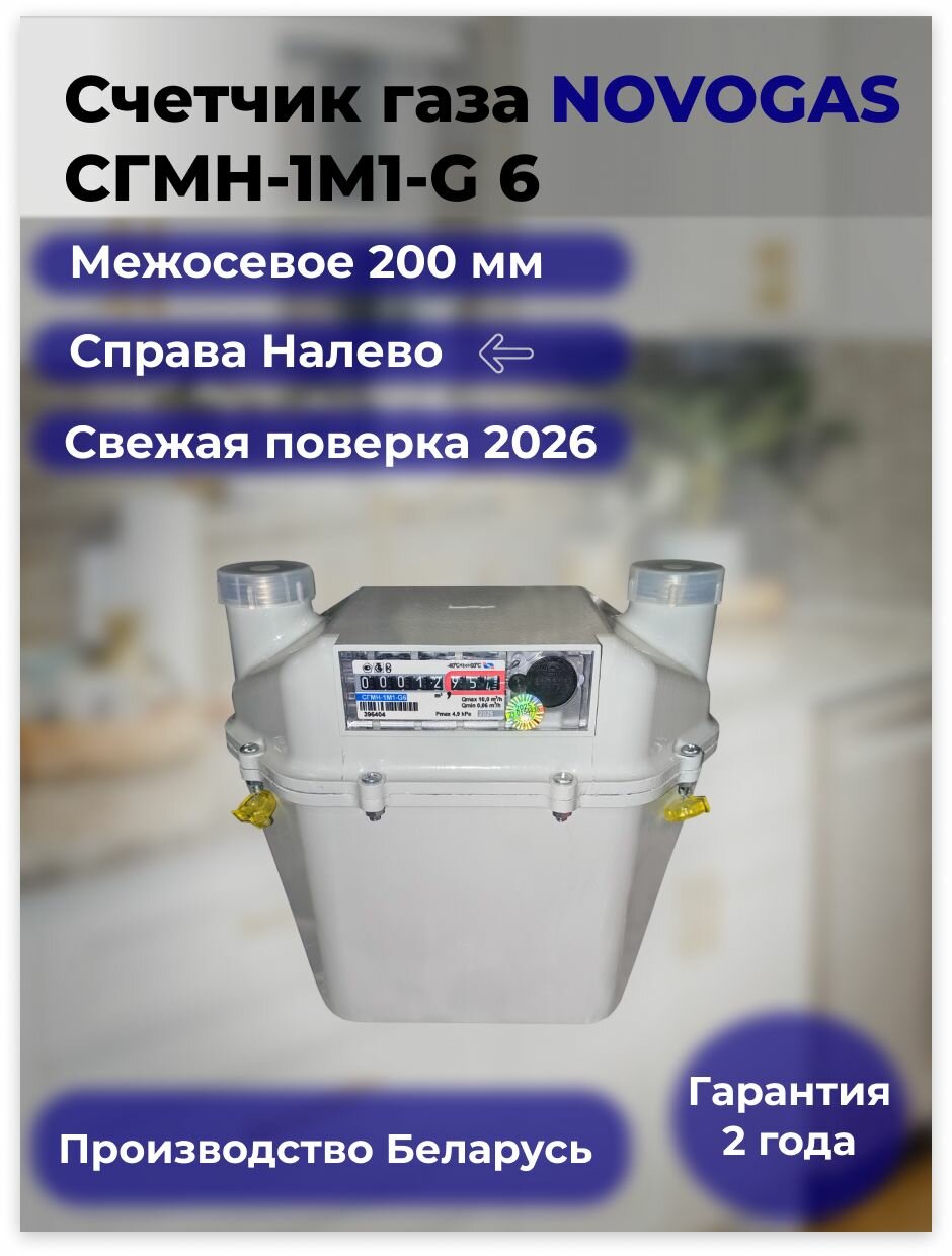 Счетчик газа NOVOGAS СГМН-1М1-G 6 межосевое 200 мм, правый 1 1/4" справа налево