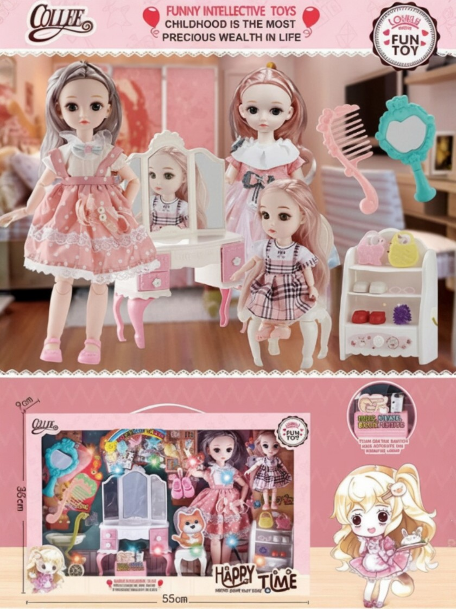 Мебель для кукол MSN Toys, трюмо, с куклами, аксессуарами, подсветка