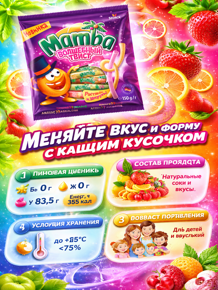 Конфеты жевательные Mamba Волшебный твист, 150г