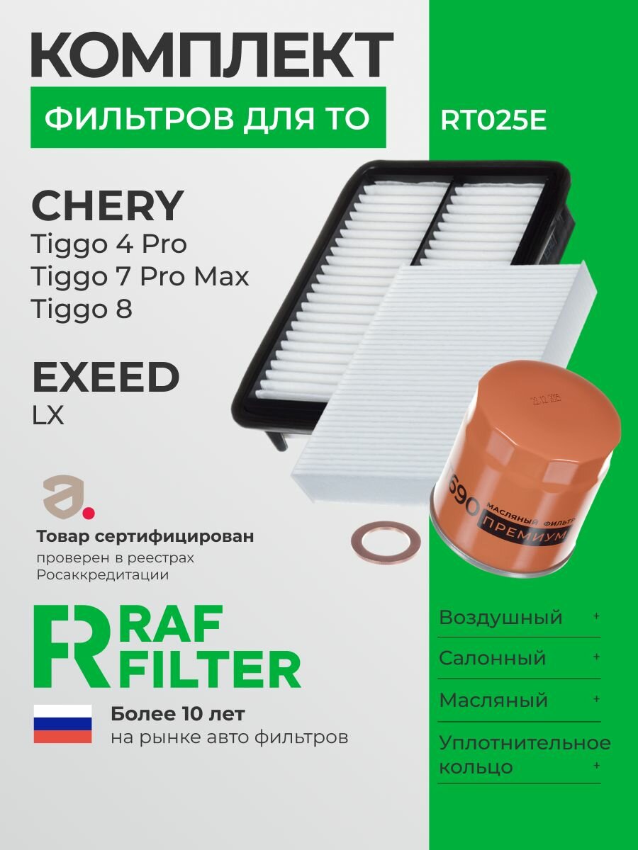 Комплект фильтров Chery Tiggo 4, 7, 8, Exeed LX, фильтры воздушный, масляный, салонный + уплотнительное кольцо для Чери Тигго 4, 7, 8, Эксид ЛХ