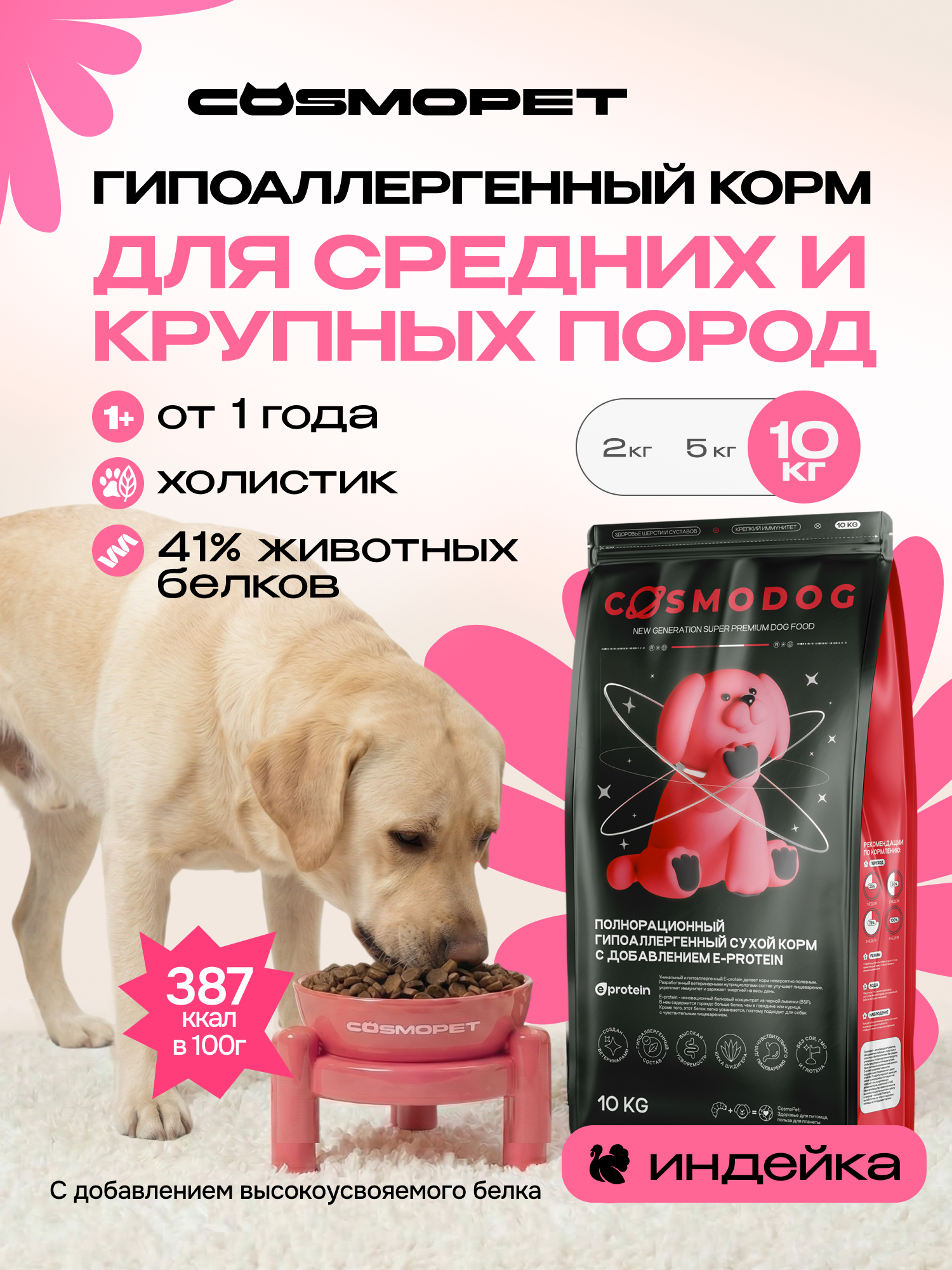 Корм для собак сухой Cosmodog с индейкой 10 кг, гипоаллергенный холистик для крупных и средних пород