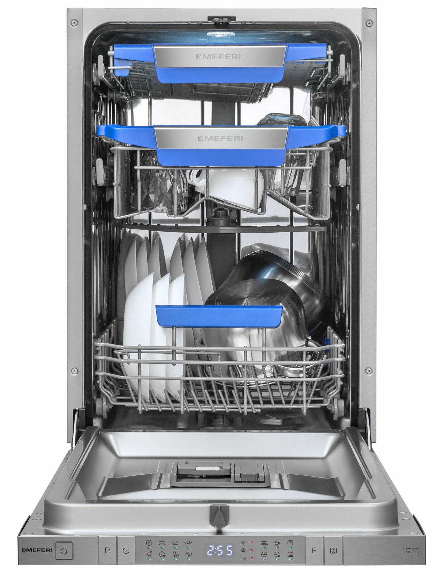 Посудомоечная машина узкая встраиваемая с инвертором MEFERI MDW4583 COMFORT PLUS 45см, на 10 комплектов, 3 корзины, автооткрывание дверцы, аквастоп, луч на полу, подсветка, половинная загрузка