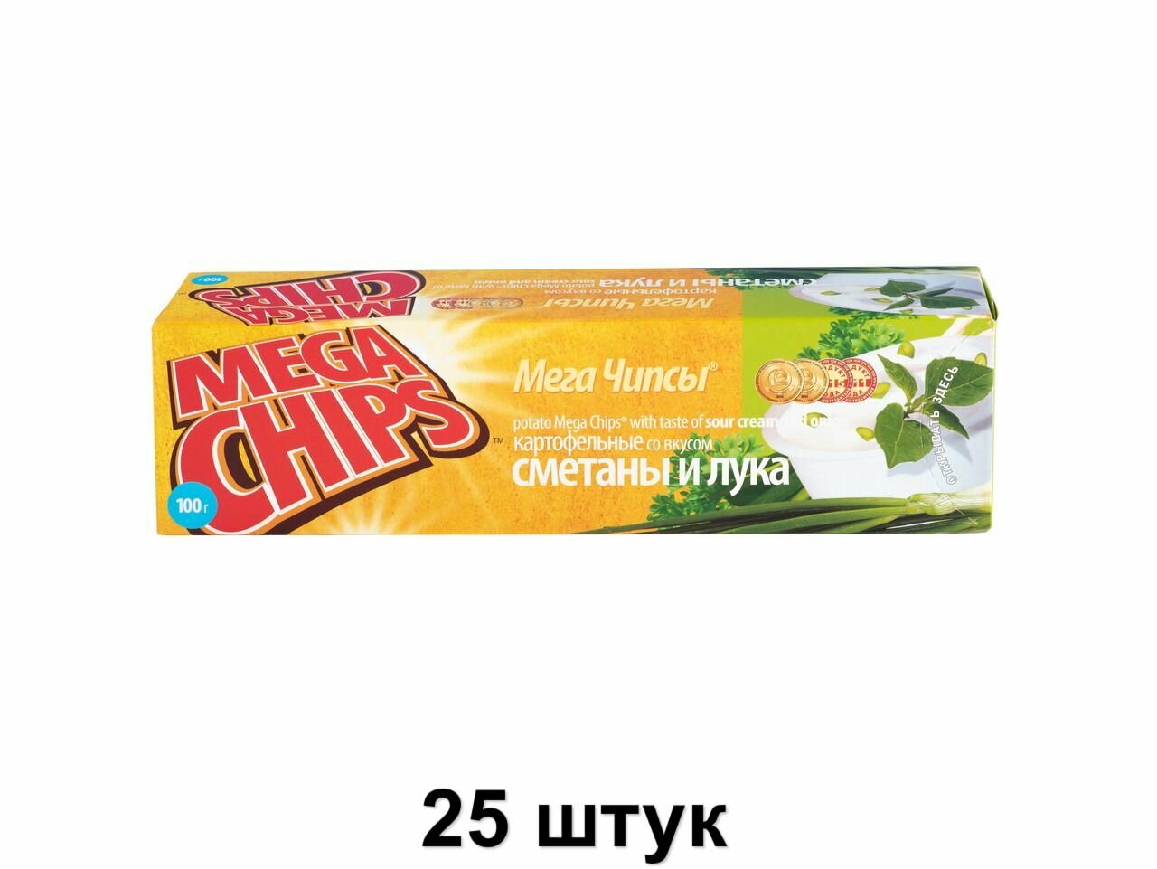 Mega Chips Чипсы-пластины картофельные со сметаной и луком, 100 г, 25 шт