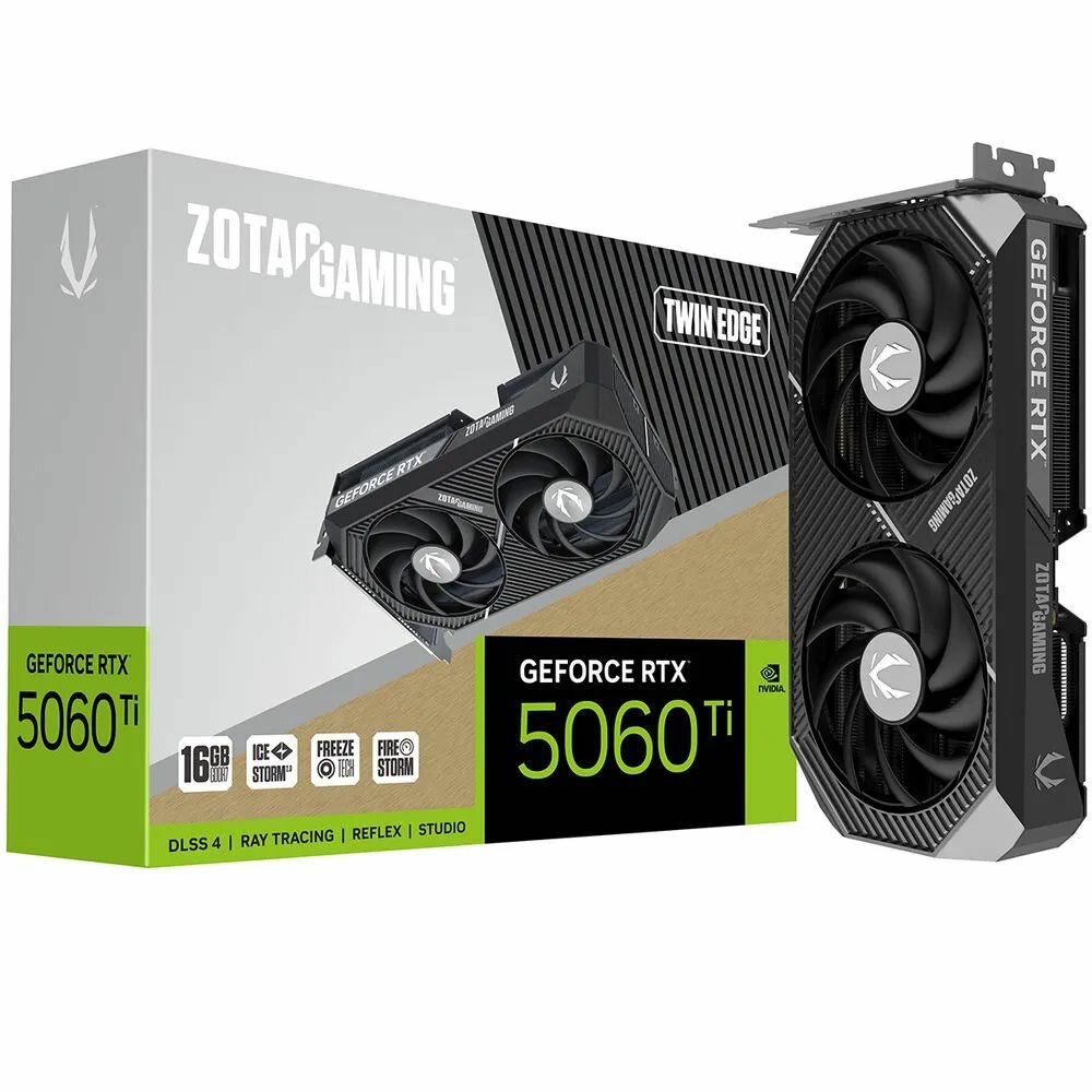 Видеокарта Zotac PCI-E 5.0 RTX 5060 Ti 16GB TWIN EDGE NVIDIA GeForce RTX 5060TI 16Gb 128bit GDDR7 2572/28000 HDMIx1 DPx3 HDCP Ret