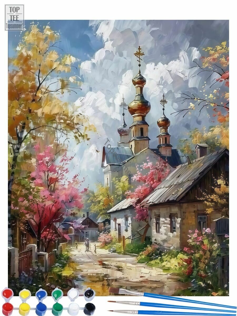 Цифровые Холсты, Холст 40x50cm, Разработанный Для Начинающих Взрослых, Детей - Цветочный Пейзаж " Золотая Осенняя Церковь "