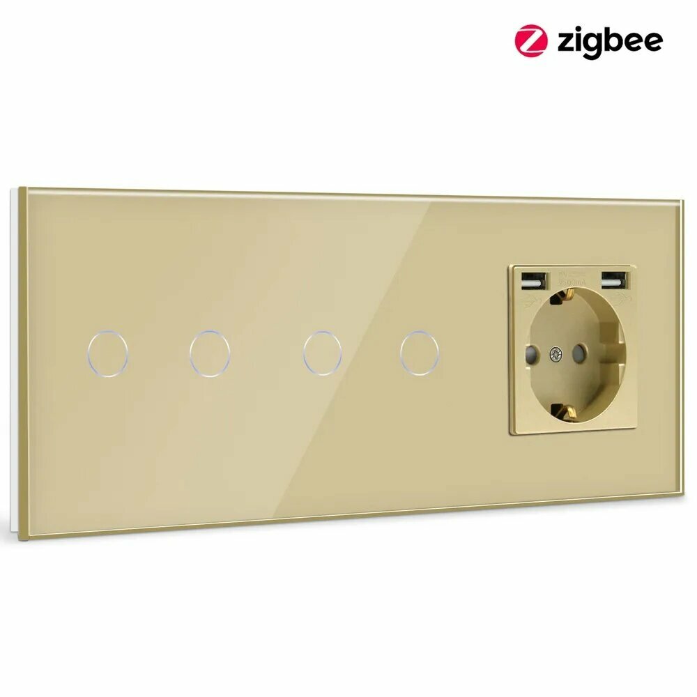 Сенсорный выключатель умный Zigbee без нуля на с розеткой с USB , 4 клавиши 1 розетка, рамка стекло Золотой, 228mm