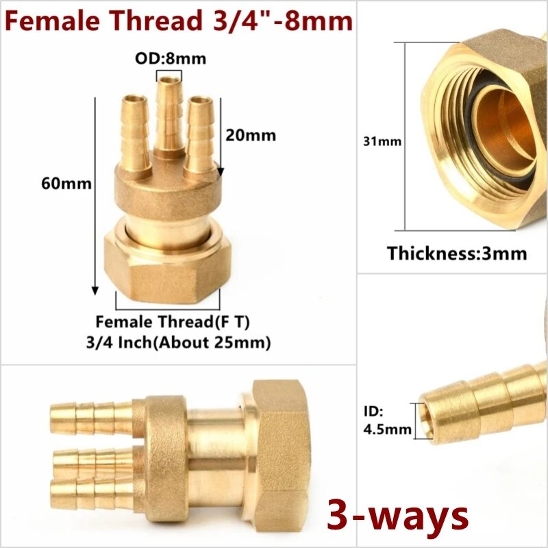 Латунные фитинги для труб 8 10 мм, BSP 1/2 3/4 дюйма F T3I4-8mm 3-way