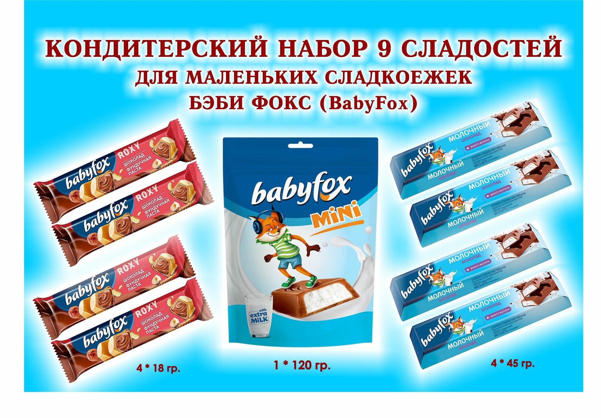Набор сладостей "BabyFox" - Батончик с молочной начинкой 4 по 45 гр. + Батончик вафельный ROXY 4 по 18 гр. + Конфеты c молочной начинкой 1*120 гр.- подарок для маленьких сладкоежек